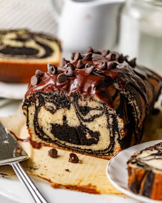 Easy Marble Loaf Cake with Chocolate Glaze - Britney Breaks Bread