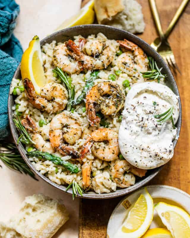 Spring Risotto with Garlic Butter Shrimp - Britney Breaks Bread