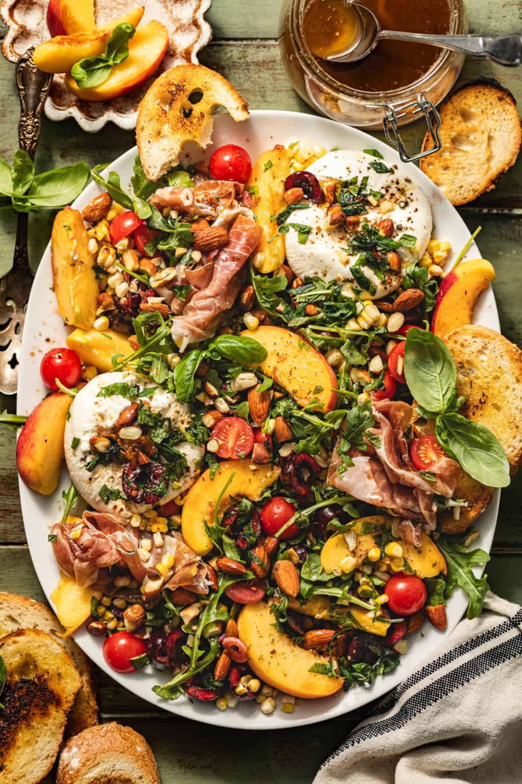 Burrata Arugula Salad with Peaches and Prosciutto - Britney Breaks Bread