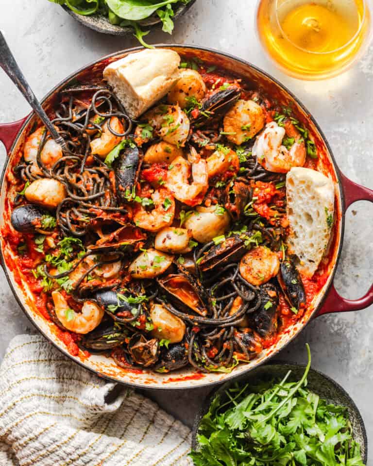 Squid Ink Pasta with Seafood (shrimp, scallops, and mussels) - Britney ...